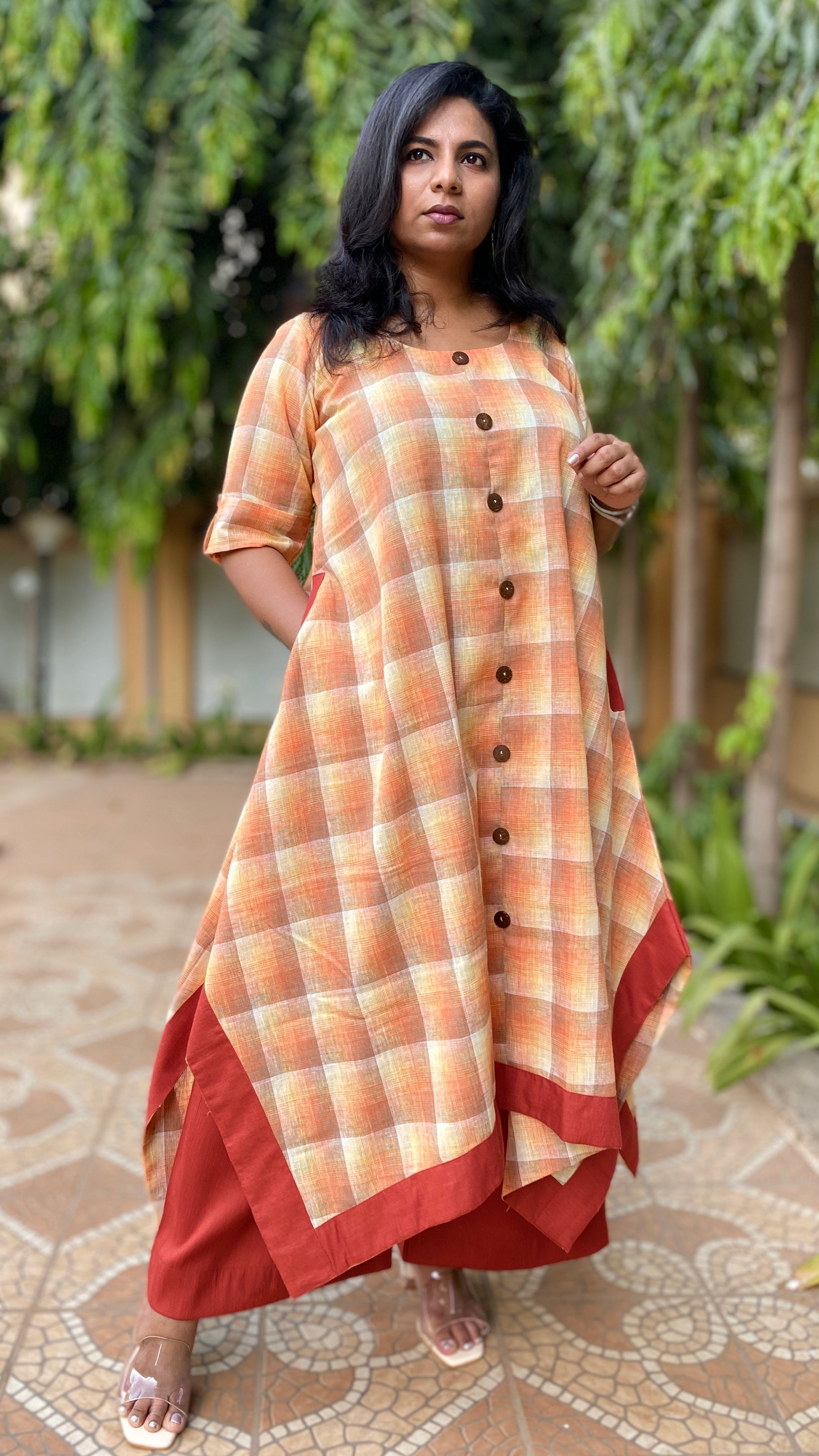 ANNA - Co Ord Set - Cotton Checks - ORANGE – BANJARA FUNK